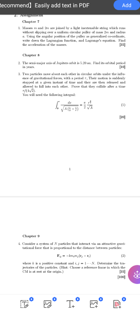 Solved 2. Assignment Chapter 7 1. Masses m and 2m are joined | Chegg.com