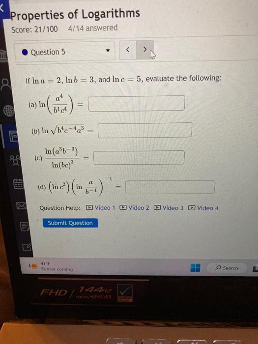 Solved Properties of Logarithms Score: 21/1004/14 answered | Chegg.com