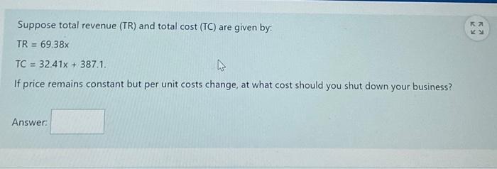 Solved Suppose total revenue (TR) and total cost (TC) are | Chegg.com