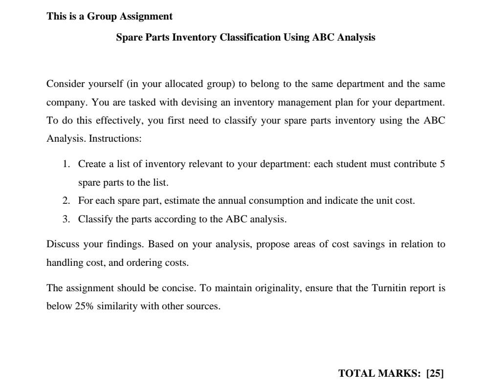 Solved Spare Parts Inventory Classification Using ABC | Chegg.com