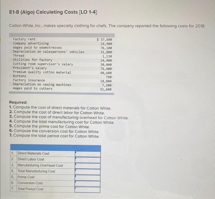 Solved E1-8 (Algo) Calculating Costs [LO 1-4] Cotton White, | Chegg.com