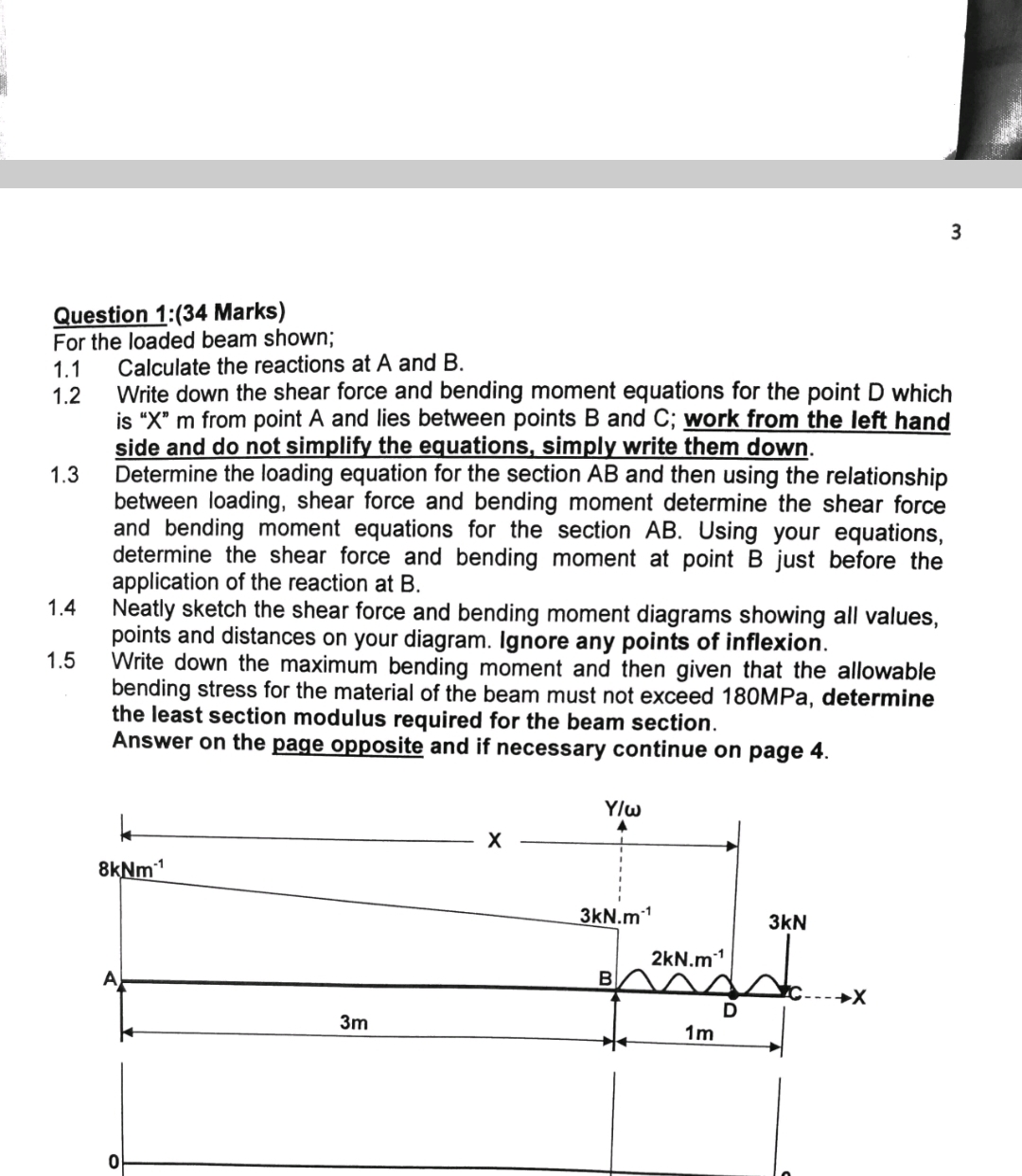 Solved 3Question 1:(34 ﻿Marks)For the loaded beam shown;1.1 | Chegg.com