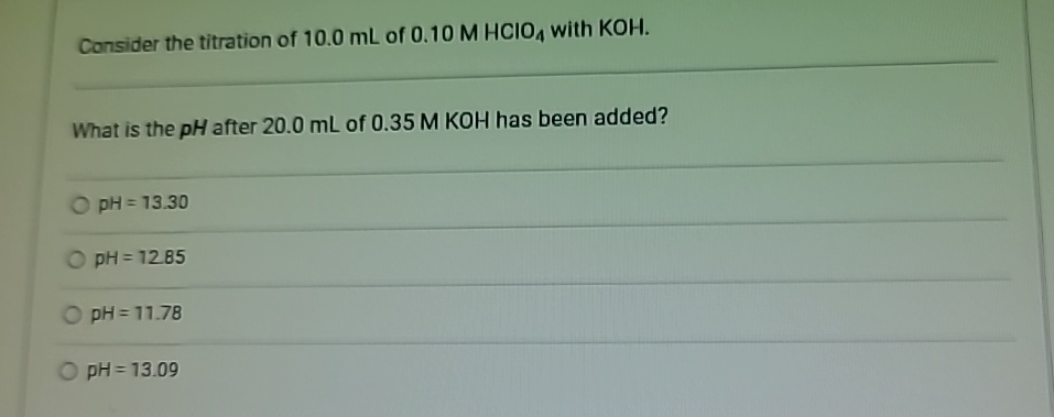 Solved Cansider the titration of 10.0mL ﻿of 0.10MHClO4 ﻿with | Chegg.com