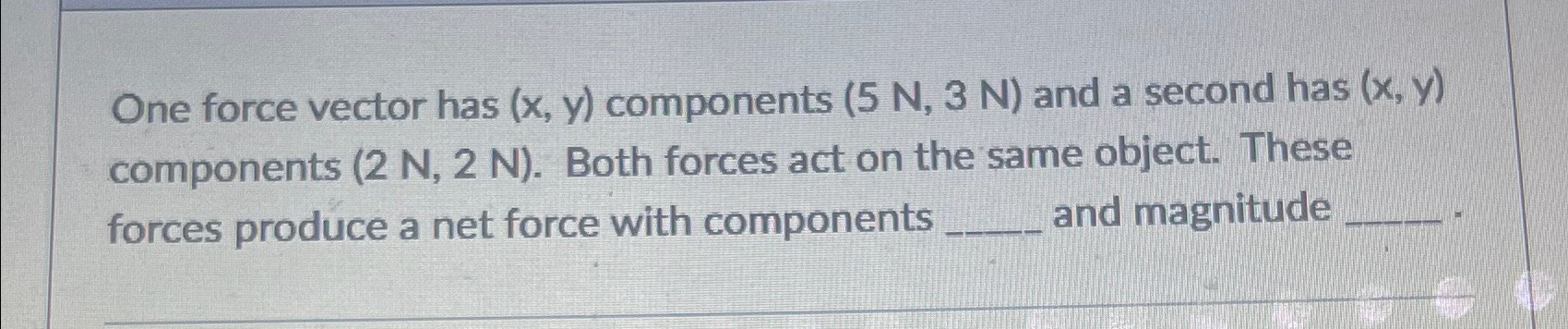Solved One force vector has ( x,y ) ﻿components ( 5N,3N ) | Chegg.com