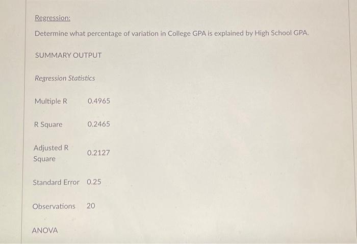 Solved Regression: Determine what percentage of variation in | Chegg.com