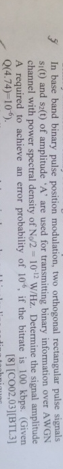 Solved 5 ﻿In base band binary pulse position modulation, two | Chegg.com