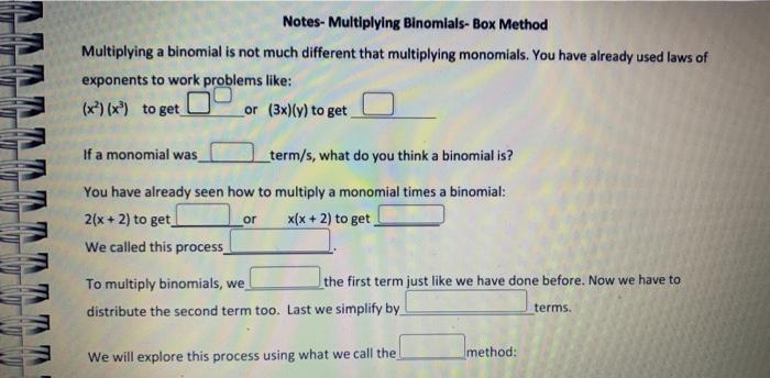 Solved Notes- Multiplying Binomials- Box Method Multiplying | Chegg.com