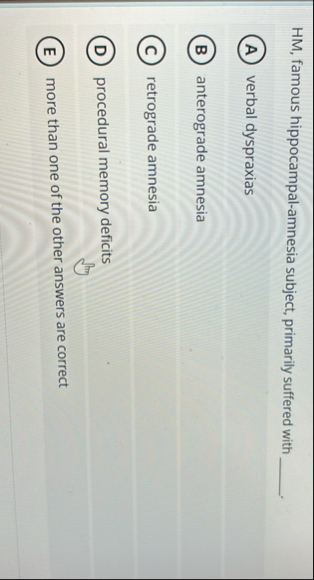 Solved HM, ﻿famous hippocampal-amnesia subject, primarily | Chegg.com