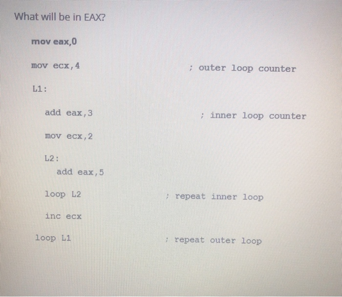 Solved What will be in EAX? mov eax,0 mov ecx, 4 ; outer | Chegg.com