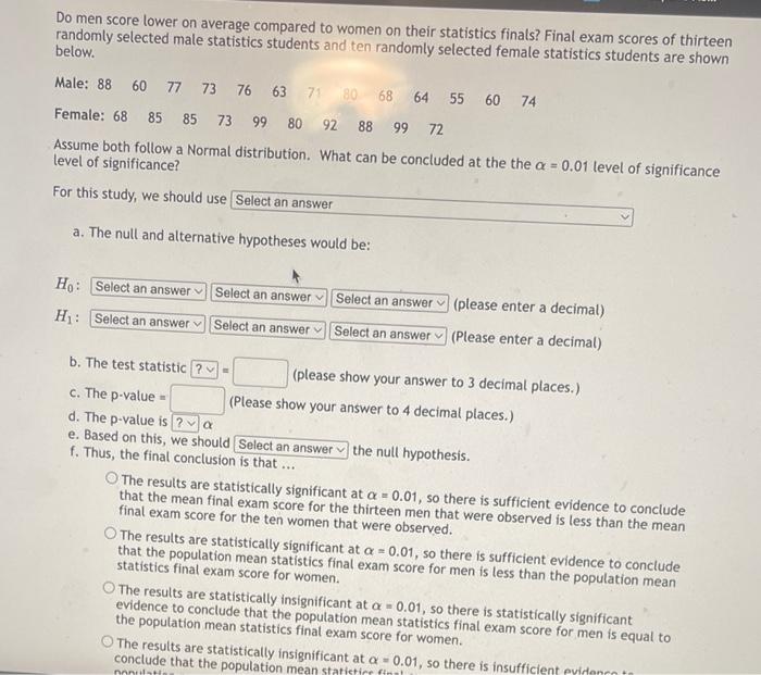 Solved Do men score lower on average compared to women on | Chegg.com