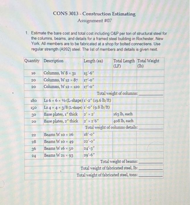 Solved CONS 3013 - Construction Estimating Assignment \#07 | Chegg.com