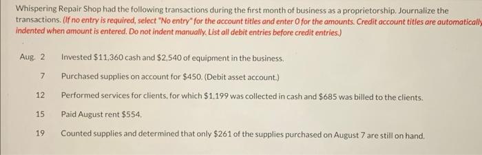 Solved Whispering Repair Shop had the following transactions | Chegg.com