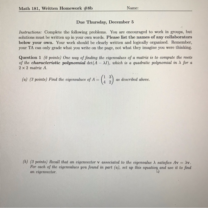 Solved Math 181, Written Homework #8b Name: Due Thursday, | Chegg.com