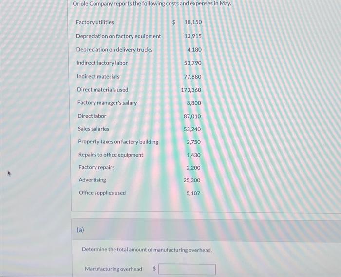 Solved Oriole Company reports the following costs and | Chegg.com