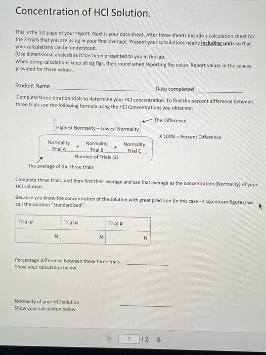 Solved Concentration of HCl solution Pre-lab Assignment. | Chegg.com