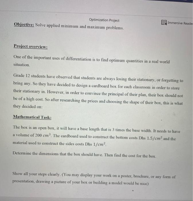 Solved Optimization Project Objective: Solve applied minimum | Chegg.com