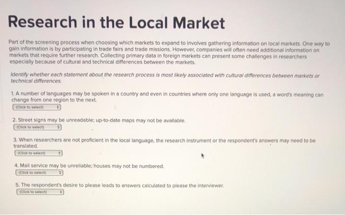Solved Research in the Local Market Part of the screening | Chegg.com