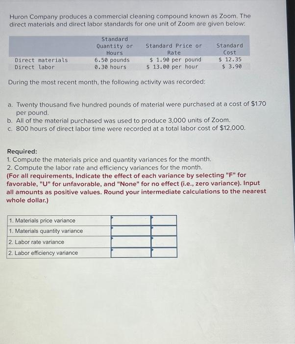 Solved Huron Company produces a commercial cleaning compound | Chegg.com