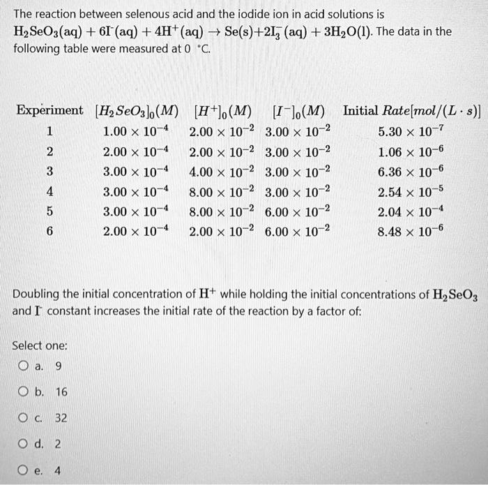 Solved The reaction between selenous acid and the iodide ion | Chegg.com