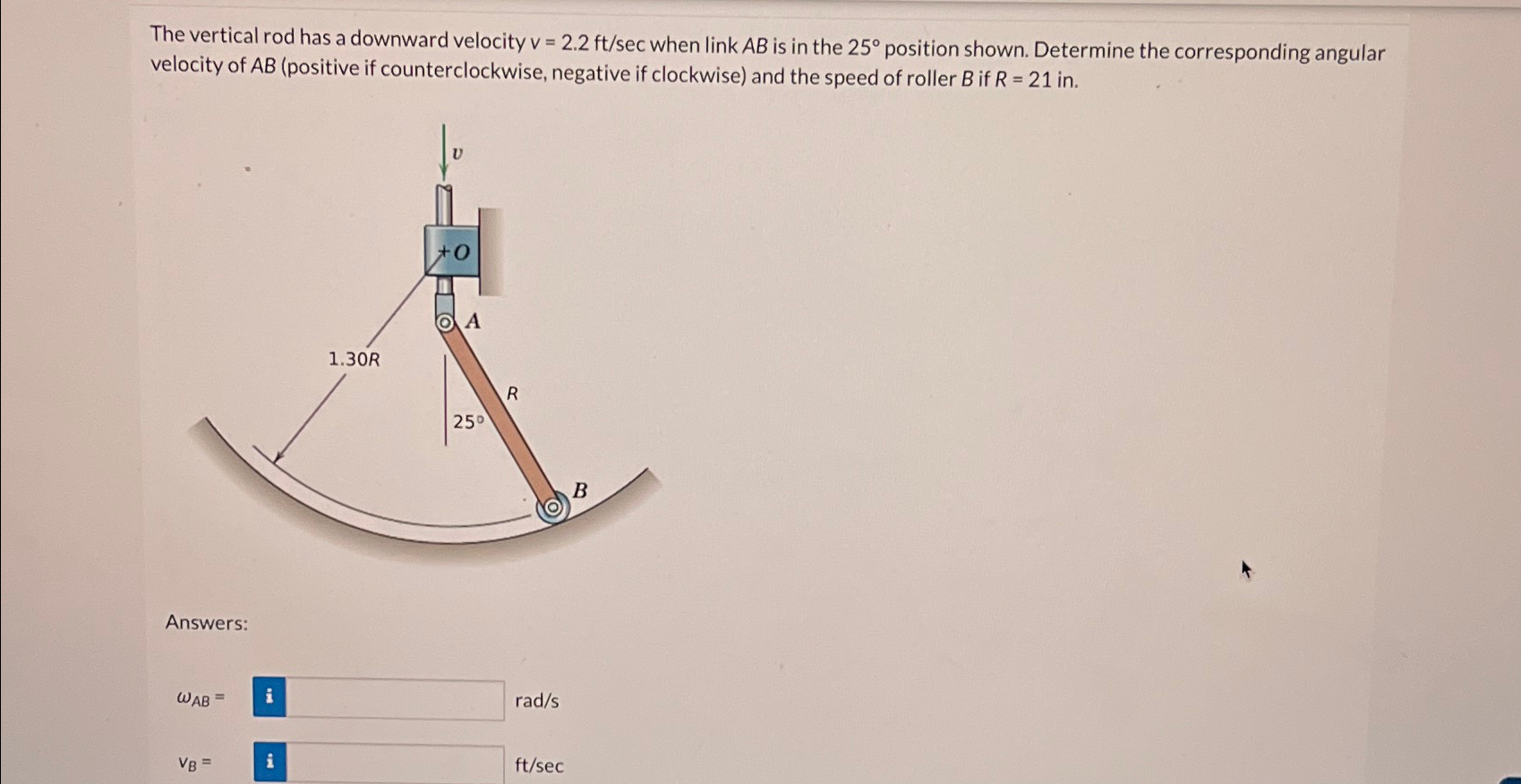 Solved The vertical rod has a downward velocity v=2.2ftsec | Chegg.com