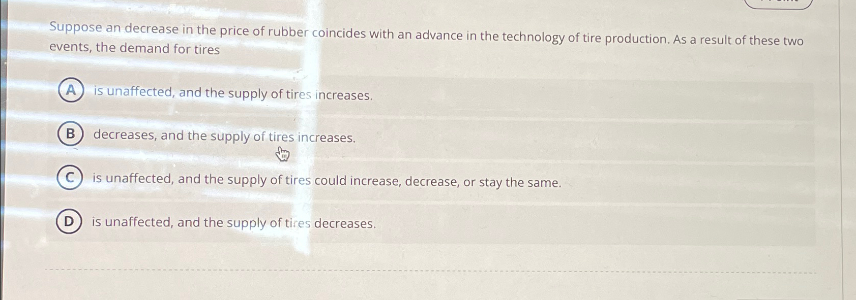 Solved Suppose an decrease in the price of rubber coincides | Chegg.com