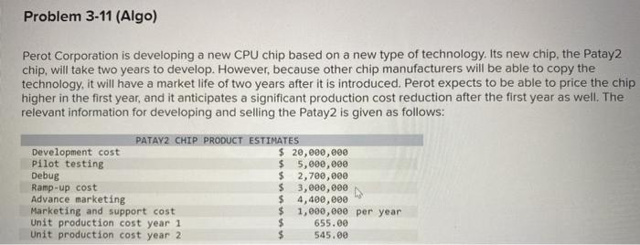Solved Problem 3-11 (Algo) Perot Corporation is developing a | Chegg.com