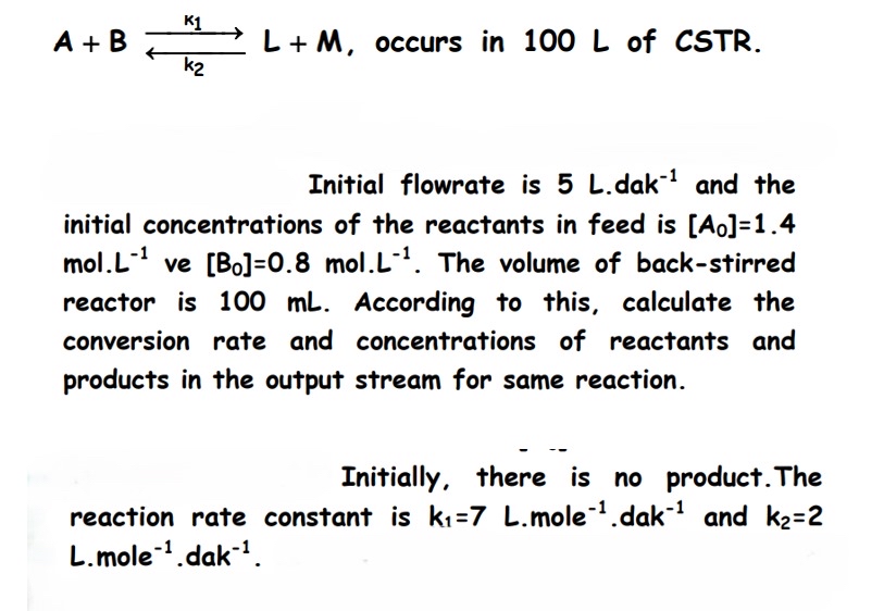 Solved A+B⇄k2k1L+M, ﻿occurs in 100L ﻿of CSTR.Initial | Chegg.com
