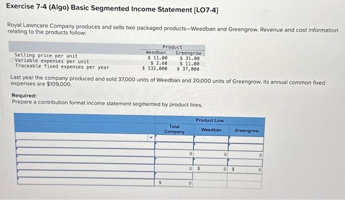 Solved Exercise 7-4 (Algo) Basic Segmented Income Statement | Chegg.com