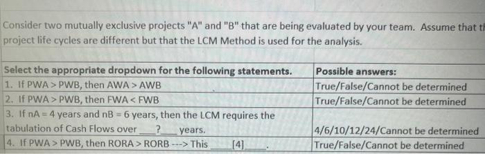 Solved Consider two mutually exclusive projects " A " and " | Chegg.com