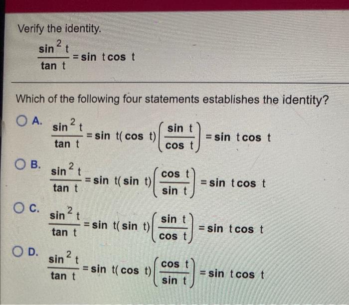 Solved Verify the identity. 2 sint = sin tcost tant Which of | Chegg.com