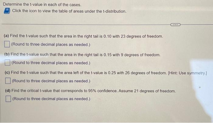 Solved Determine the t-value in each of the cases. Click the | Chegg.com