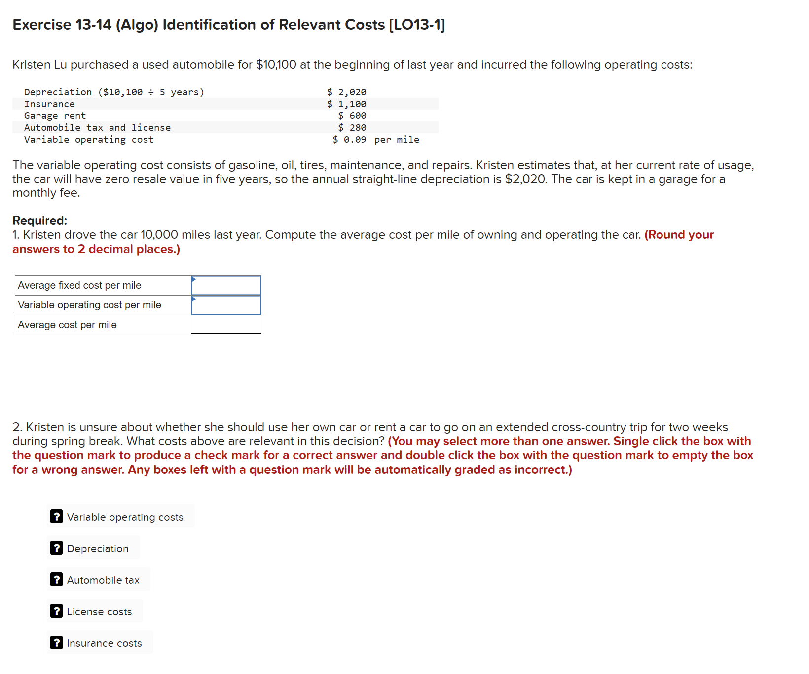 Solved Exercise 13-14 (Algo) ﻿Identification of Relevant | Chegg.com