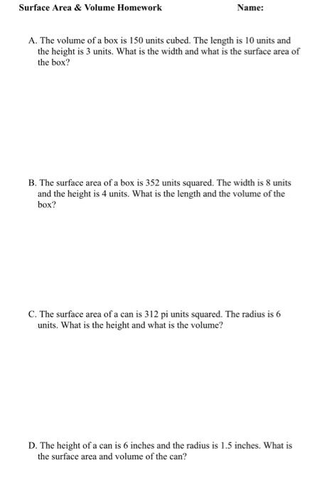 Solved Surface Area & Volume Homework Name: A. The volume of | Chegg.com