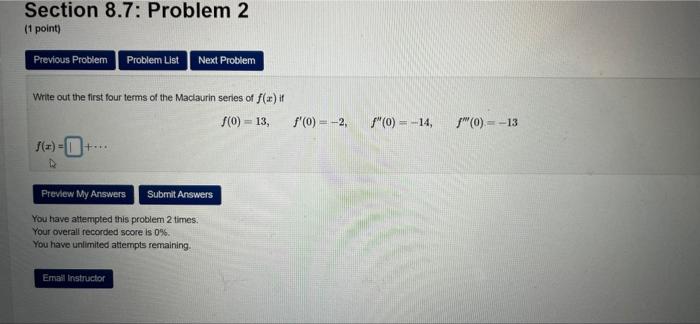 Solved Section 8.7: Problem 2 (1 point) Previous Problem | Chegg.com