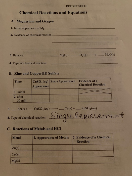 Solved REPORT SHEET Chemical Reactions and Equations A. | Chegg.com