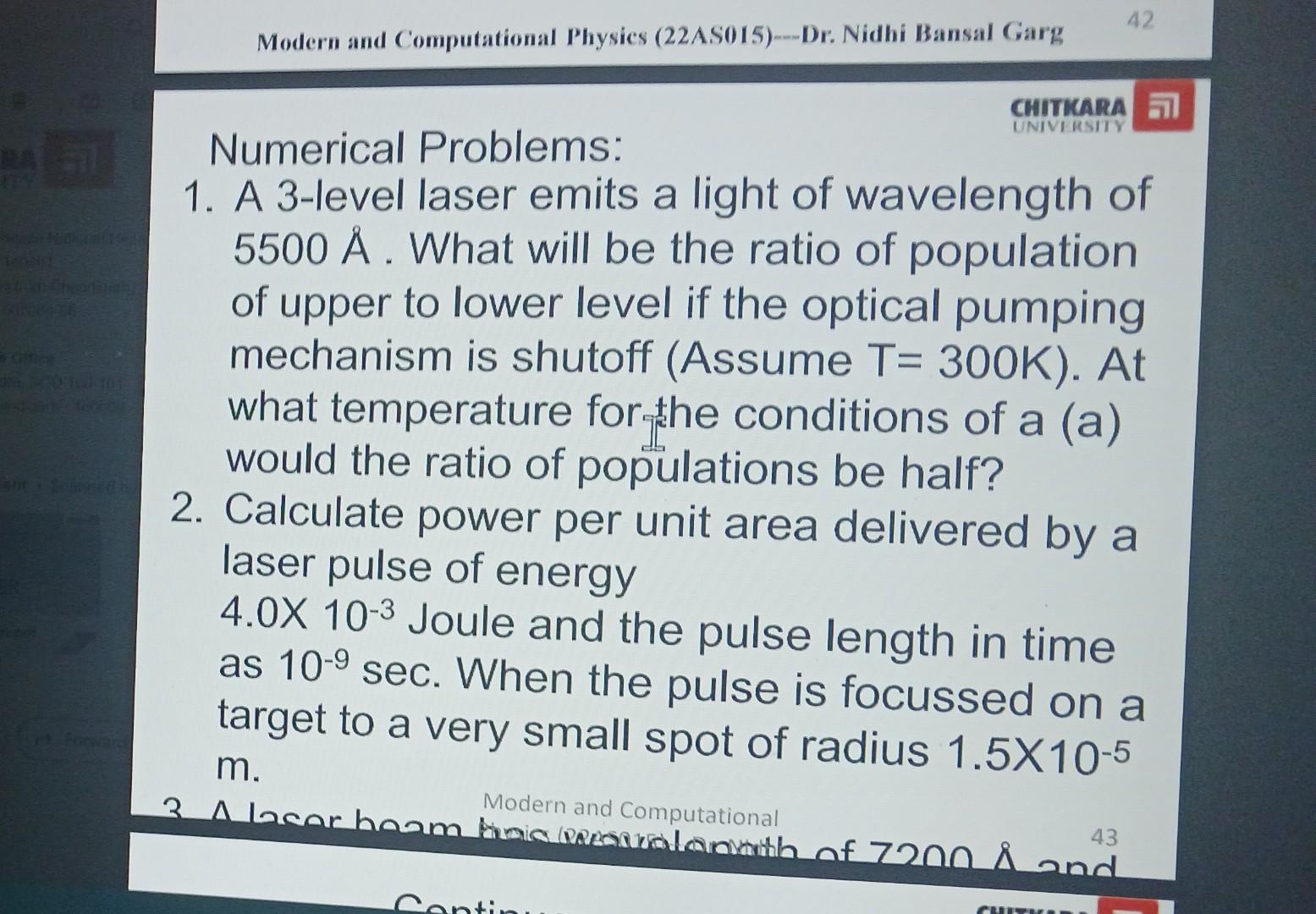 Solved Numerical Problems: 1. A 3-level laser emits a light | Chegg.com