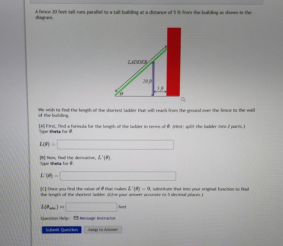 Solved A fence 20 feet tall runs parallel to a tall building | Chegg.com