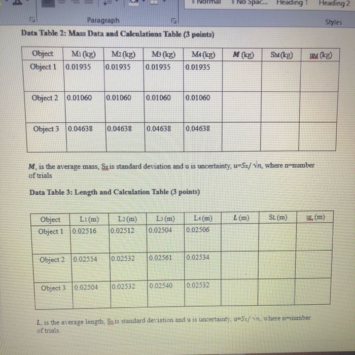 Solved Table 1: Standard Density Values for Different | Chegg.com