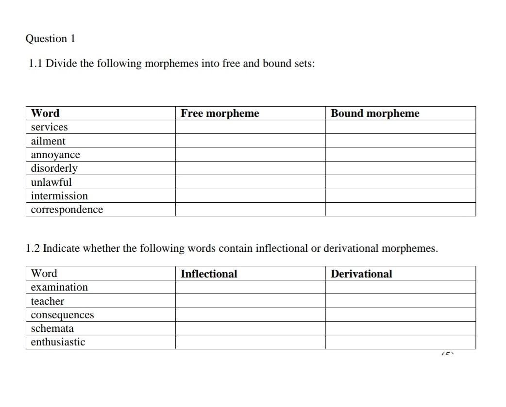 1.1 Divide the following morphemes into free and | Chegg.com