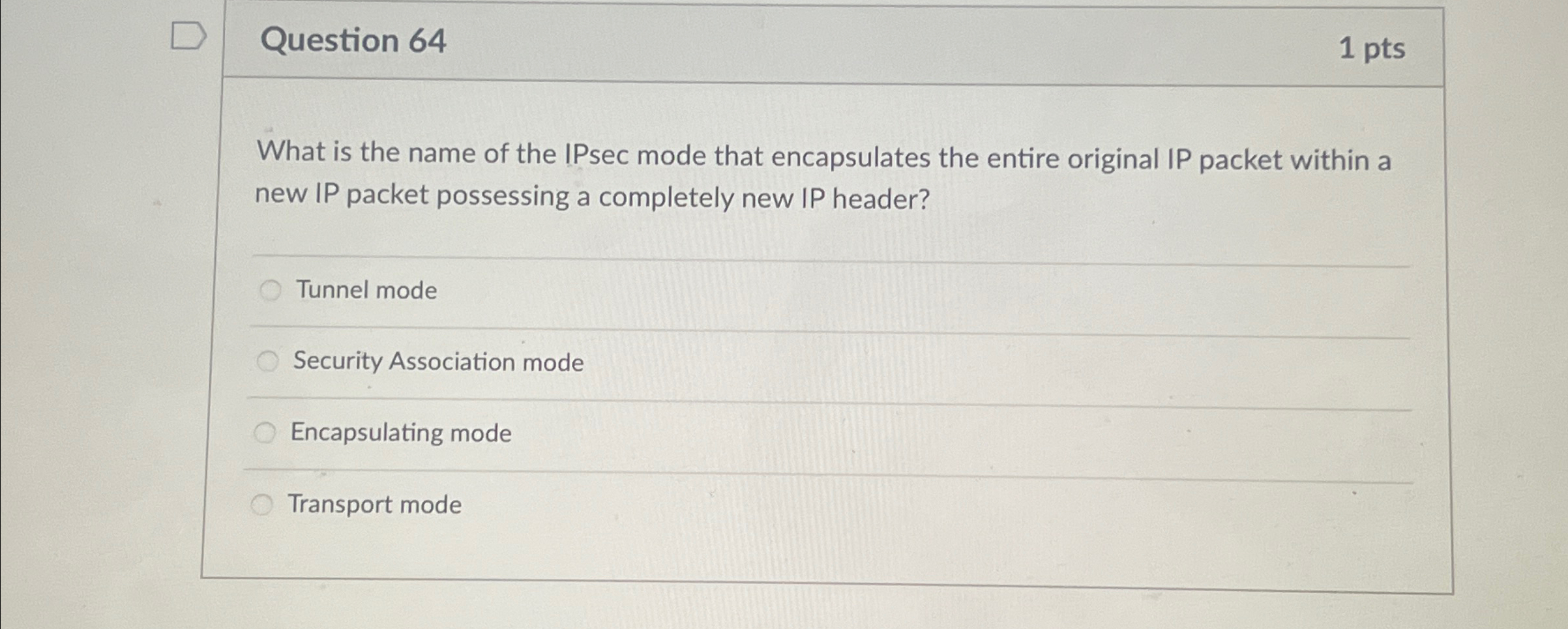 Solved Question 641 ﻿ptsWhat is the name of the IPsec mode | Chegg.com