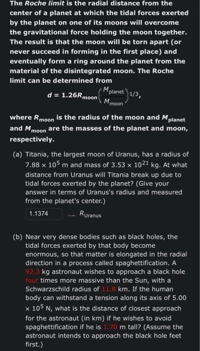 Solved The Roche limit is the radial distance from the | Chegg.com