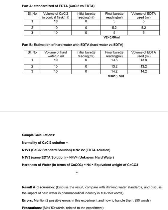Part A: standardized of EDTA (CaCl2 vs EDTA) Part B: | Chegg.com
