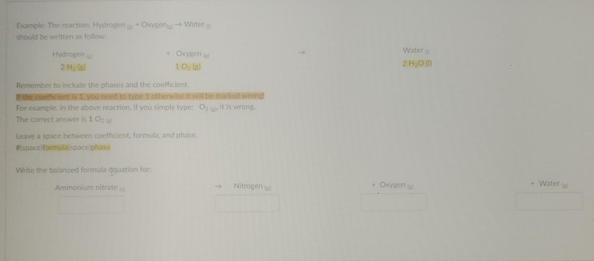 Solved Fxample: The resction: Hydrogen (e)+ Oxygen (ai)→ | Chegg.com