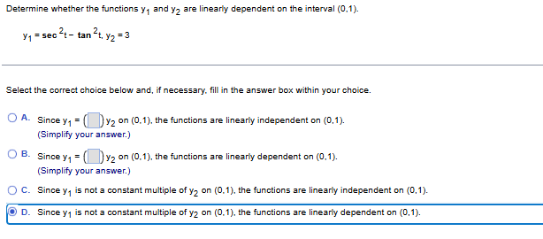 Solved Determine whether the functions y1 ﻿and y2 ﻿are | Chegg.com