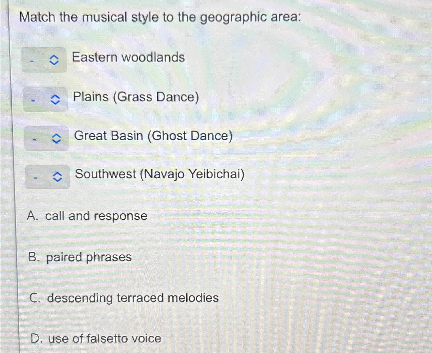 Solved Match the musical style to the geographic | Chegg.com