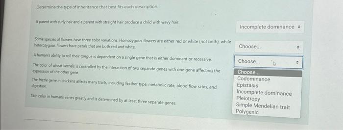 Solved Determine the type of inheritance that best fits each | Chegg.com