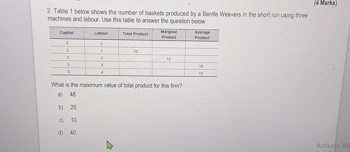 Solved 2. Table 1 below shows the number of baskets produced | Chegg.com