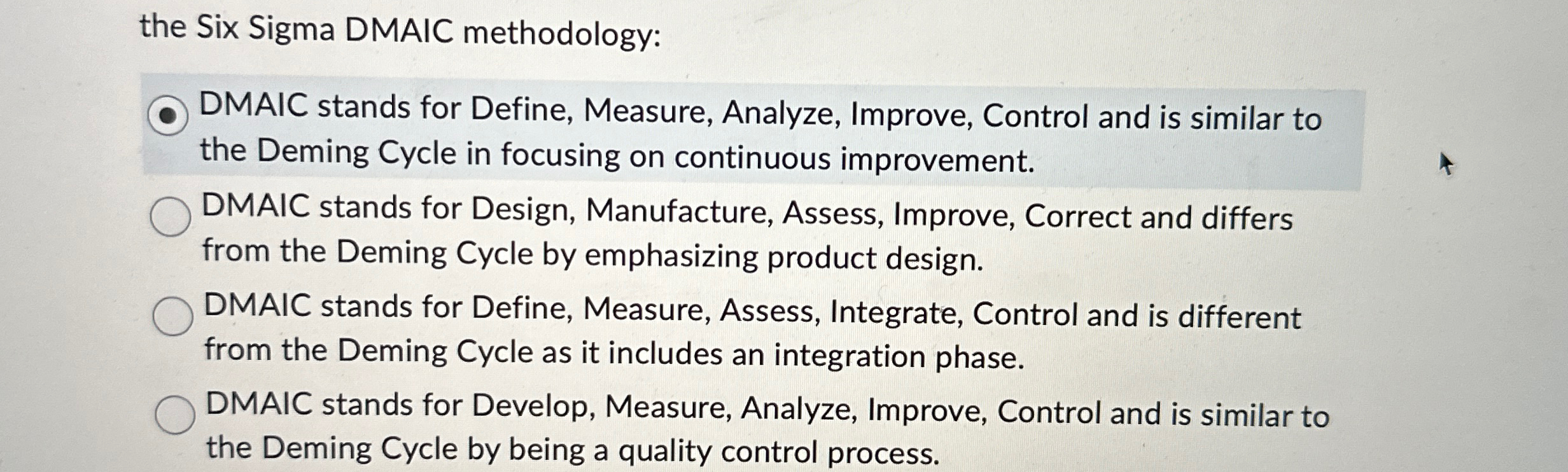 Solved the Six Sigma DMAIC methodology:DMAIC stands for | Chegg.com