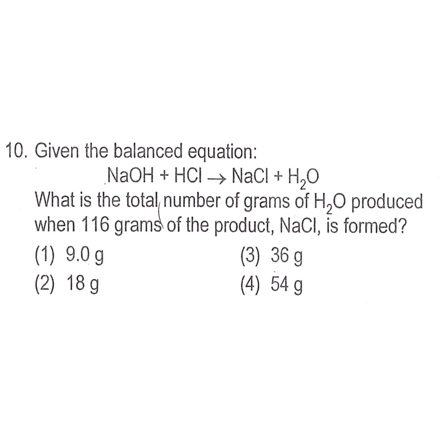 Solved Given the balanced equation:NaOH+HCl→NaCl+H2OWhat is | Chegg.com