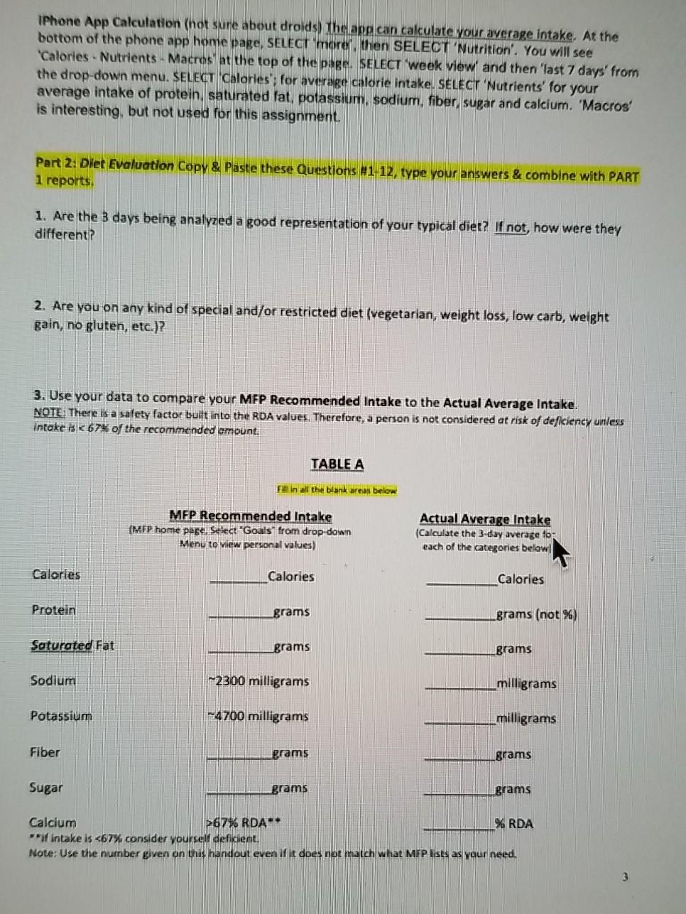 DIET ANALYSIS PROJECT- A 3-day Evaluation 40 Possible | Chegg.com